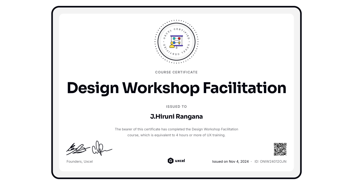 Certificate of completion for Workshop Facilitation | Uxcel